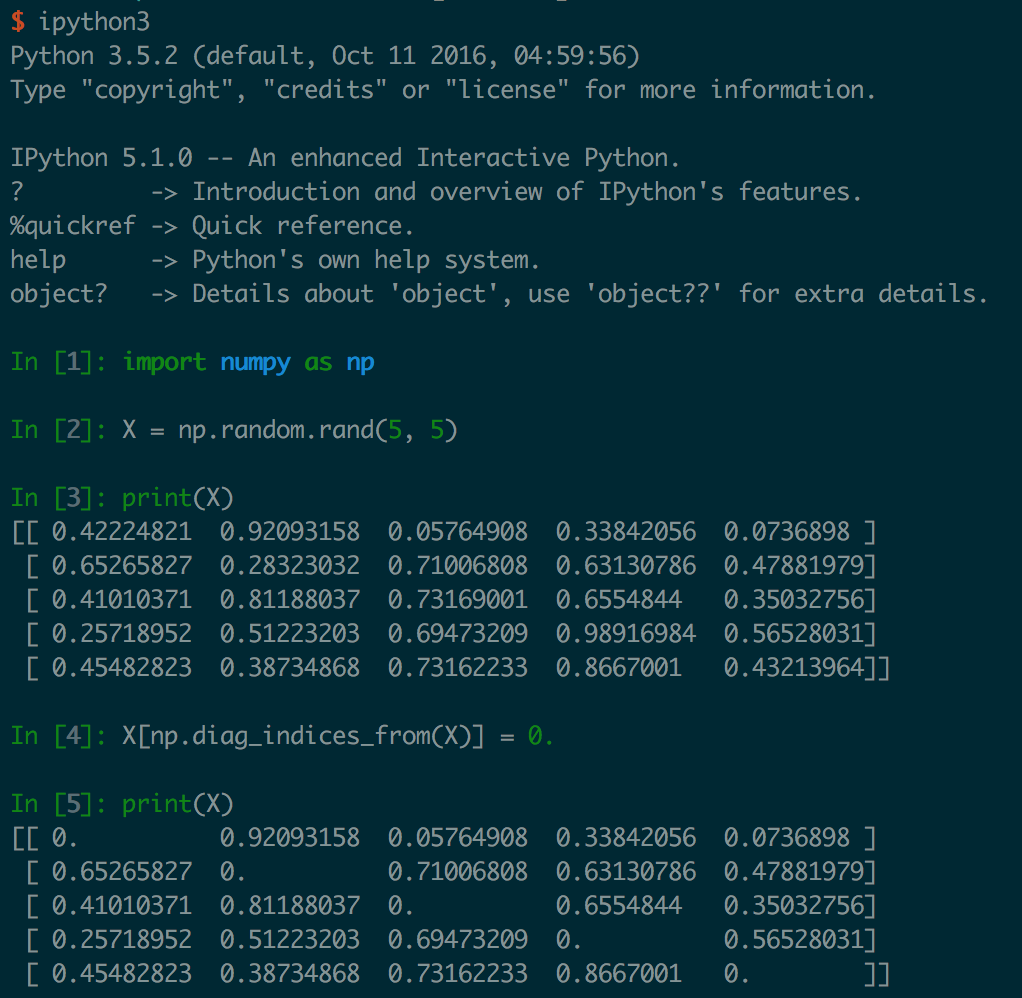 changer les valeurs de la diagonale d'une matrice dans numpy
